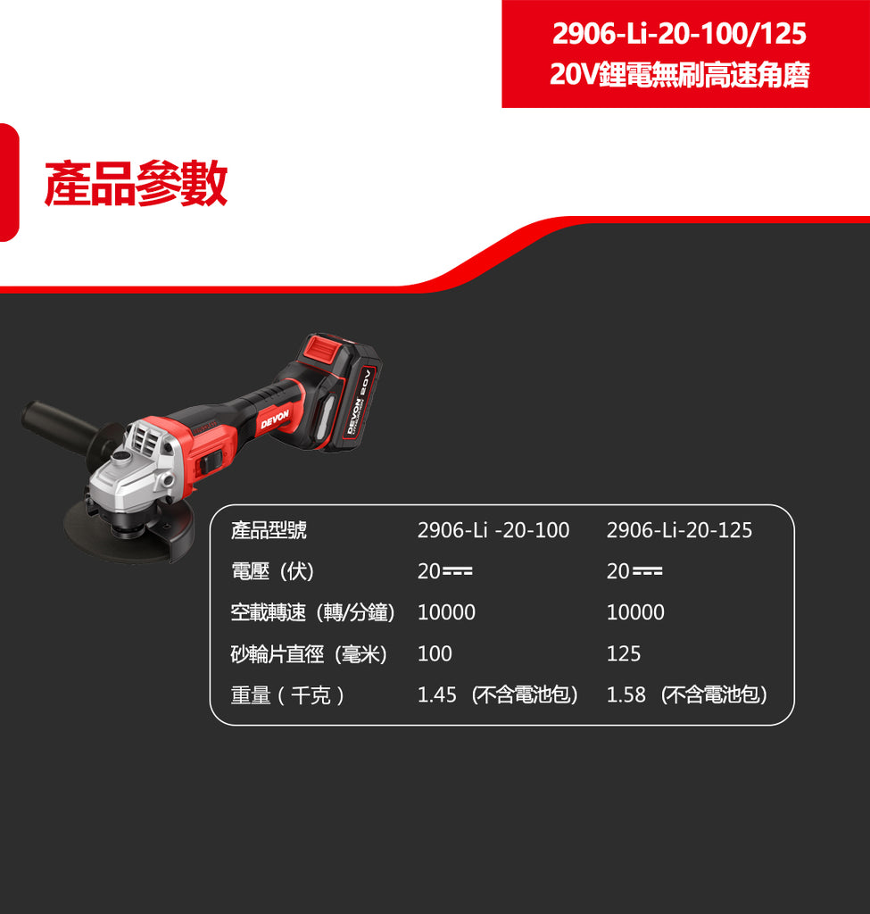 大有DEVON 4"高速磨機(鋰20V)(無刷)2906-Li-20-10 – DEVON大有官方旗艦店